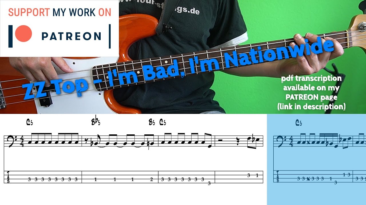 ZZ Top - I'm Bad I'm Nationwide (Bass cover with tabs) - YouTube