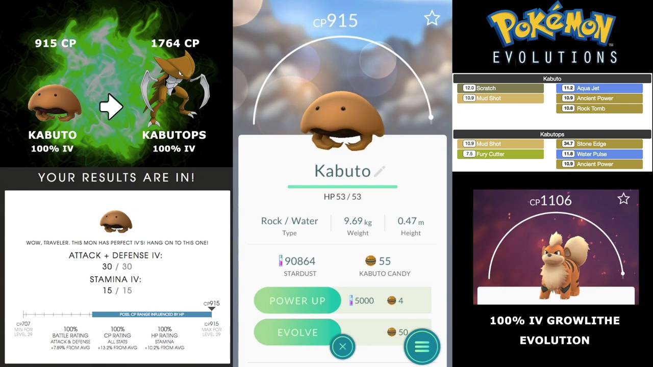 100% IV Kabuto Kabutops Evolution, Pokemon Go - YouTube