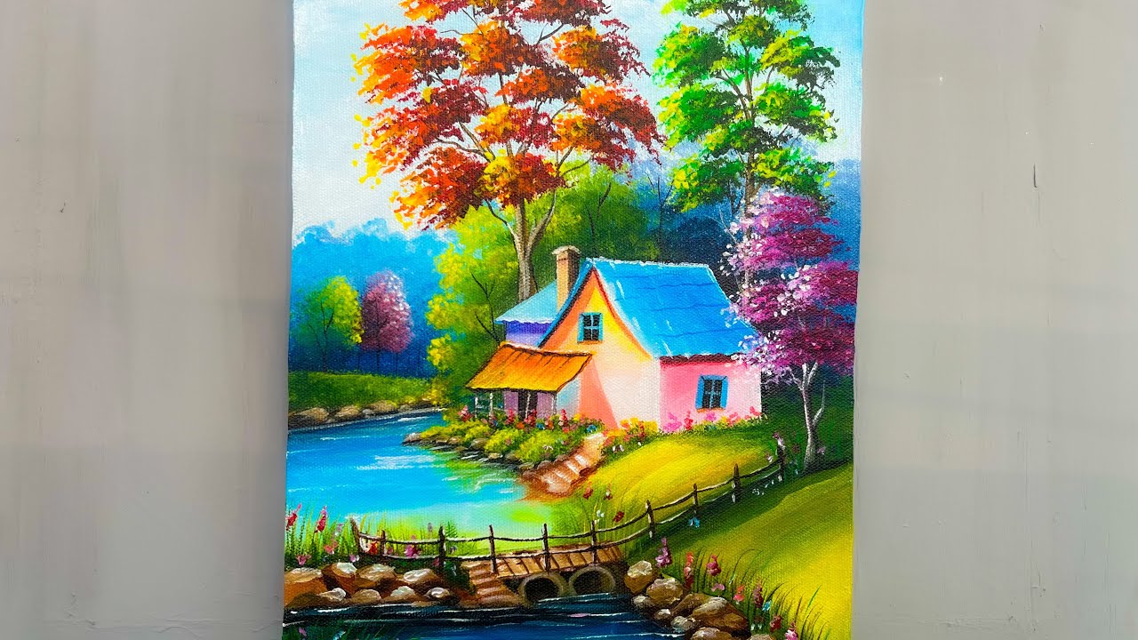 Acrylic Painting Tutorial - Cottage River / Easy Art / Drawing ...
