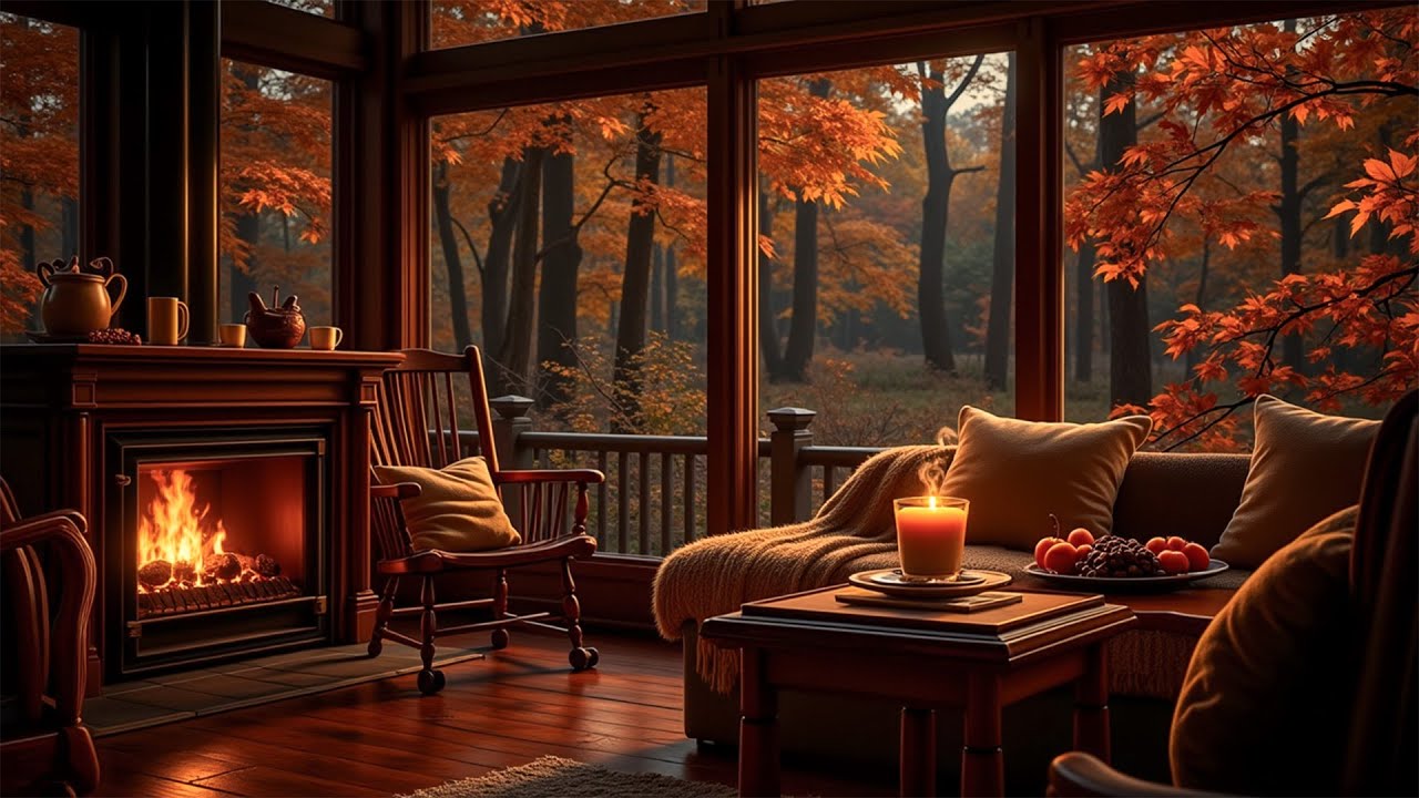 Cozy Autumn Room in the Forest - Rain Sound, Fireplace Sound helps Deep ...