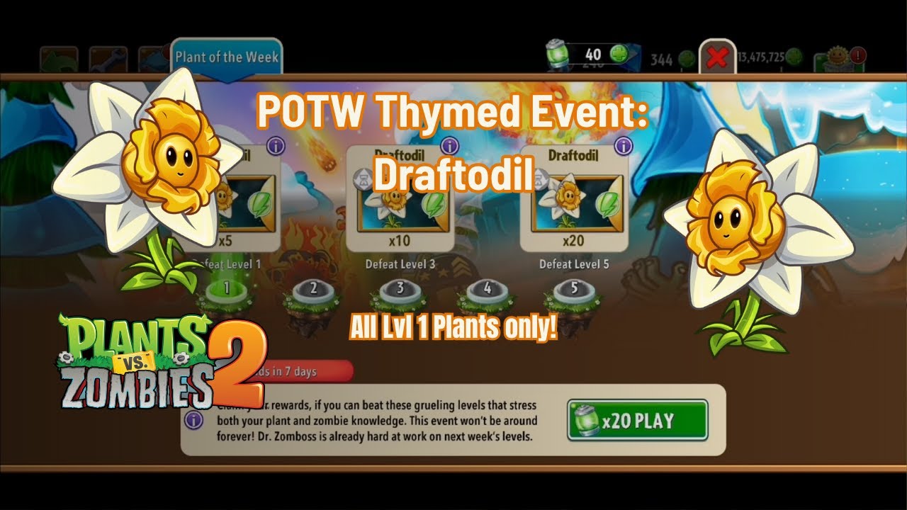 PvZ2 POTW Thymed Event: Draftodil | Lvl 1 Plants - YouTube