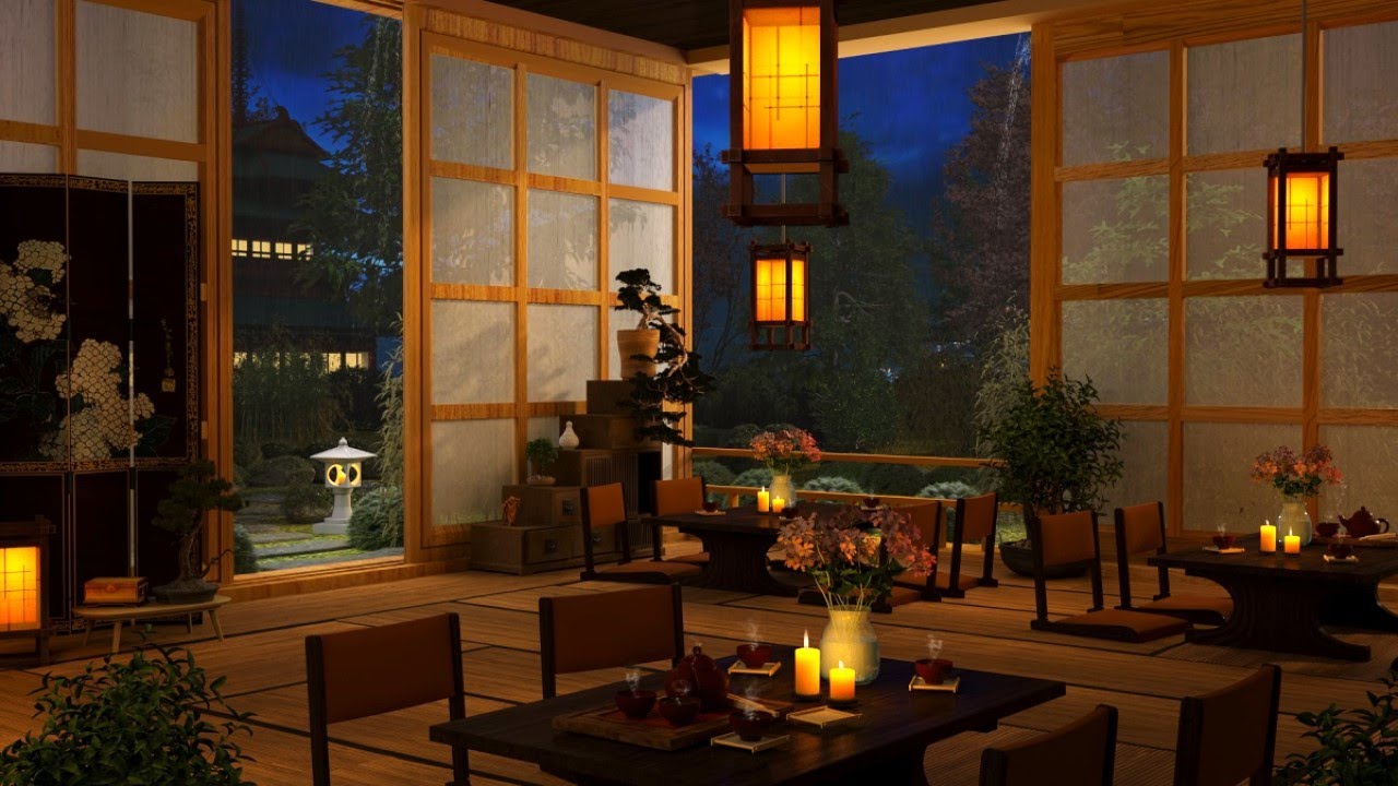 Rainy Night in the Japanese Cafe | Garden Coffee Shop Aesthetic ...