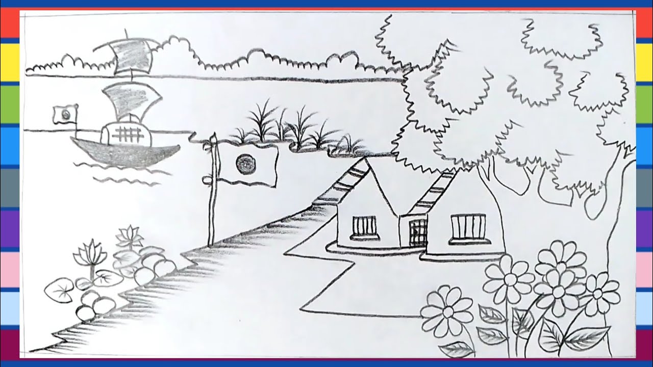 How to draw village scenery | Gramin Drishya Drawing Tutorial - YouTube