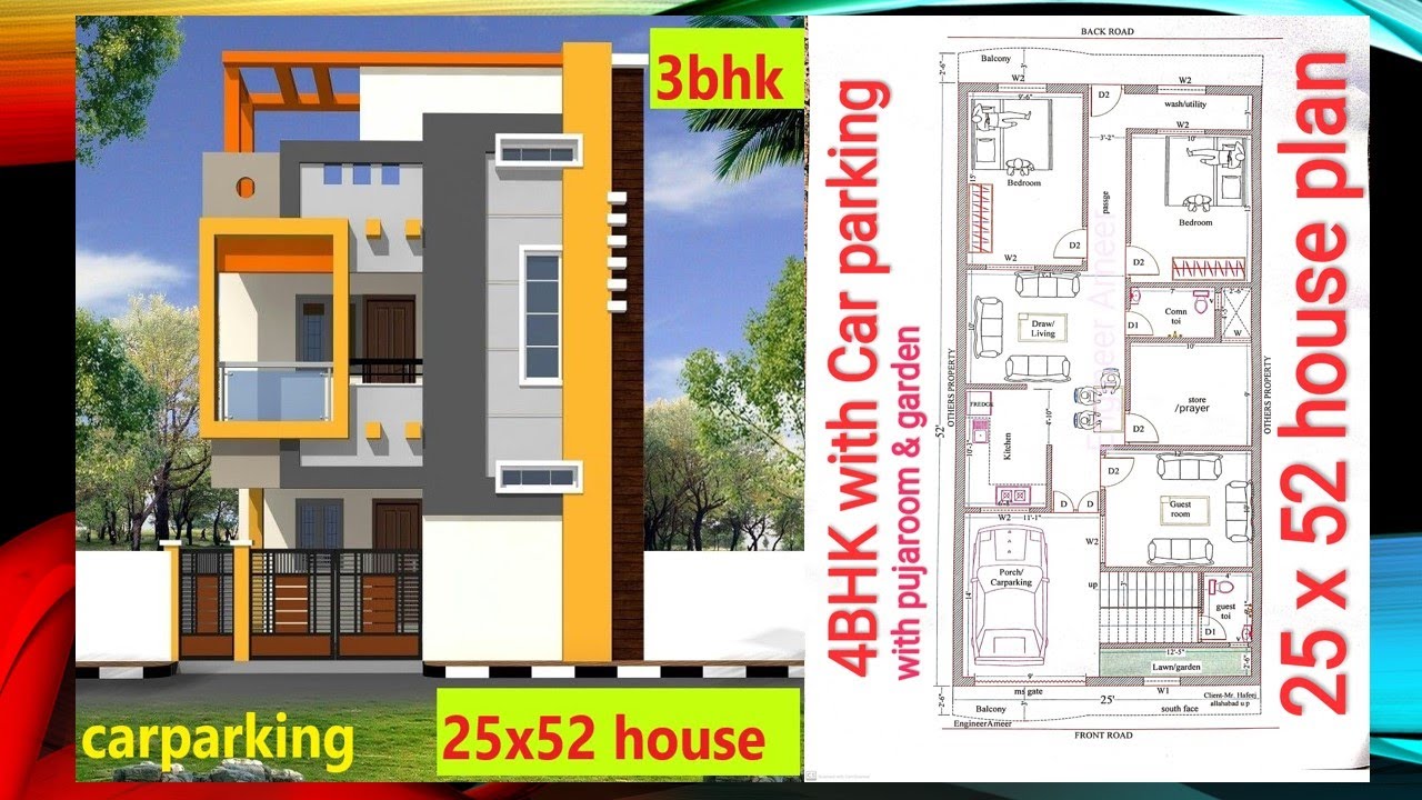 25 X 52 House plan 4BHK with car parking & Lawn II 25 x 52 Home design ...