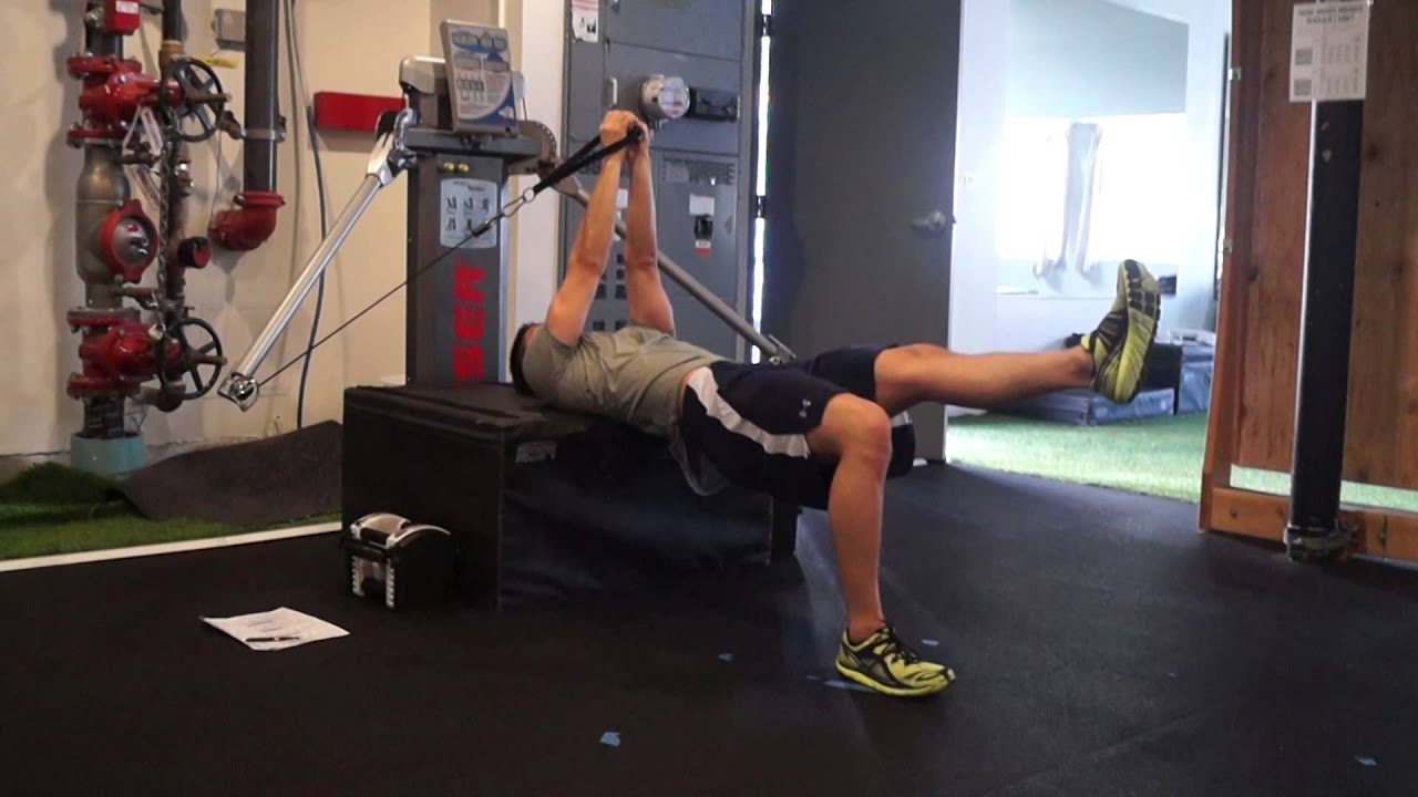 Isometric Cable Resisted Shoulder Elevated Long Lever Glute Bridge ...