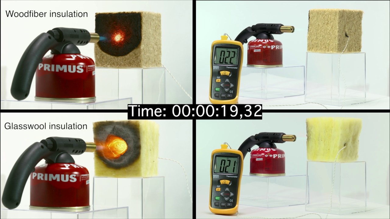 Fire testwood fiber vs glass wool - YouTube