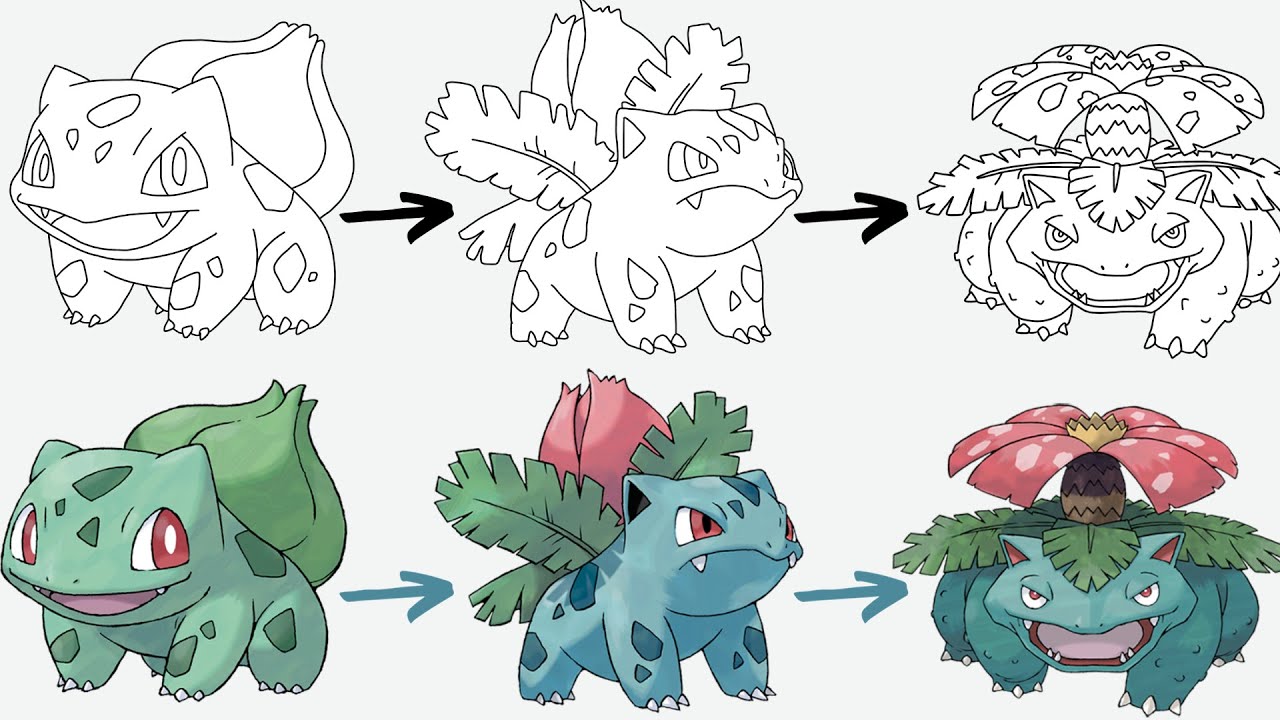 How To Draw BULBASAUR, IVYSAUR and VENUSAUR POKEMON | Pokemon Evolution ...