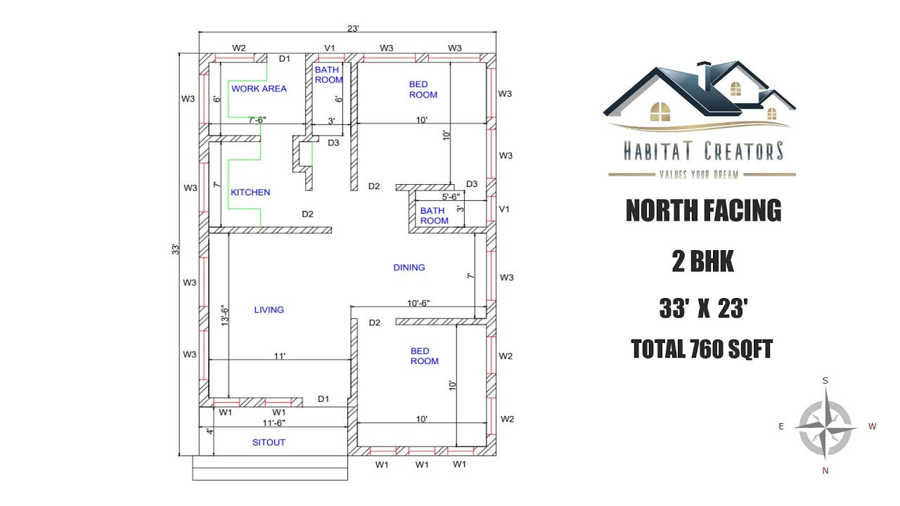 North facing 2bhk house plan, Total 760 sqft, Single storey house plan ...