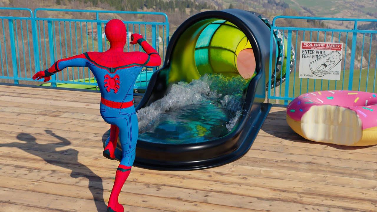 Spiderman rides crazy fast water slide! - YouTube