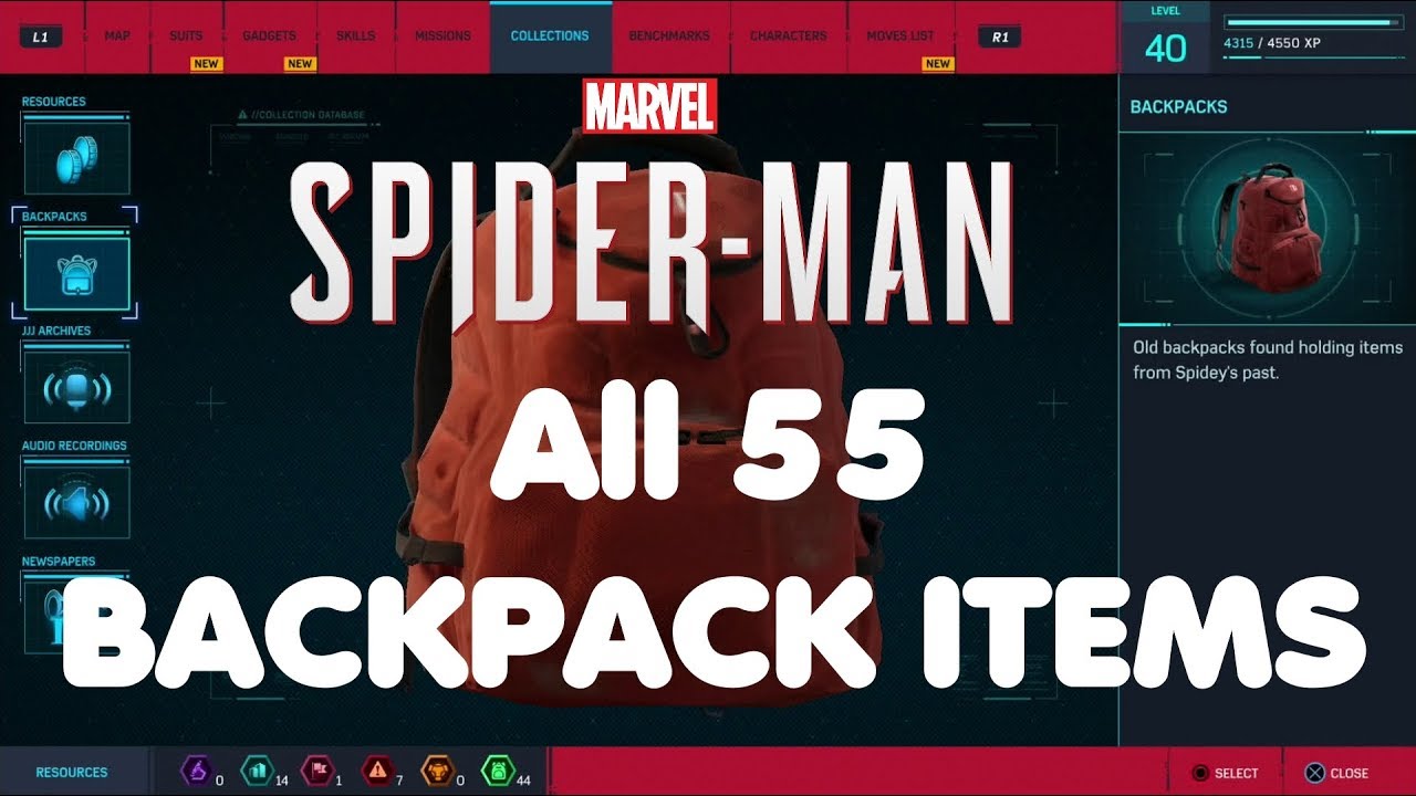 Spider man PS4 all 55 backpack items (spiderman PS4 all backpack) - YouTube