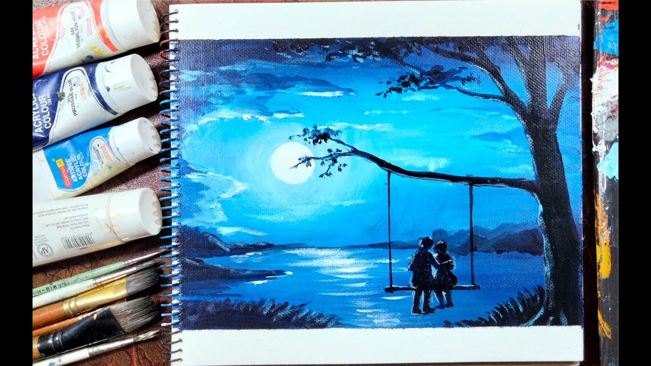 Moonlight Scenery Step by step Acrylic Painting | - YouTube