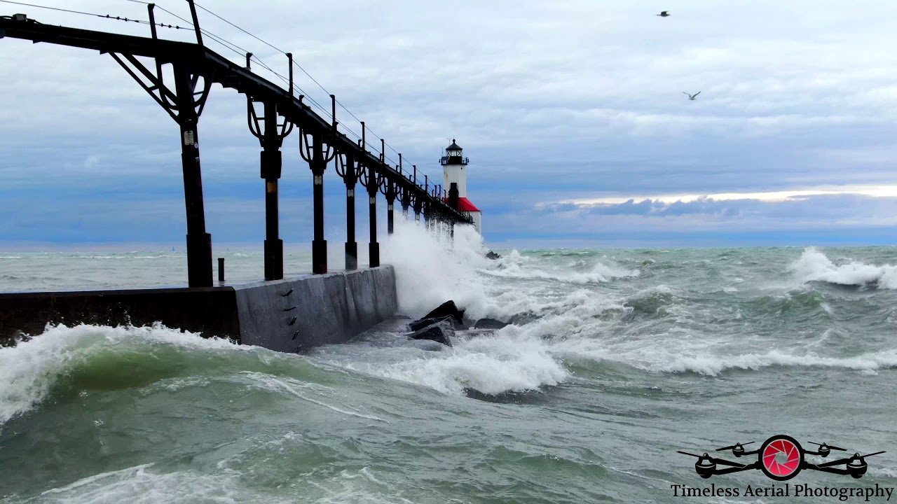 Lake Michigan Lighthouse Relaxing Waves & Sounds 4K Drone Footage ...