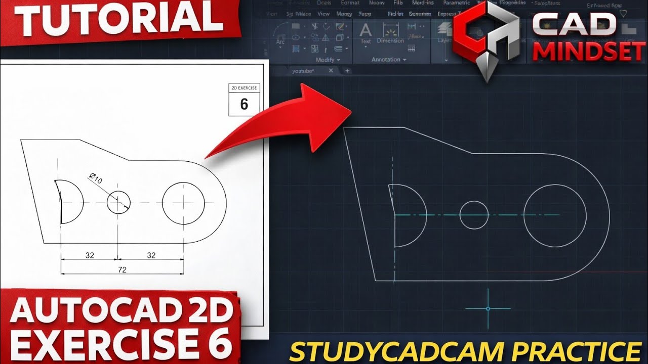AutoCAD 2D Exercise 6 Tutorial | STUDYCADCAM Practice | CAD Mindset ...