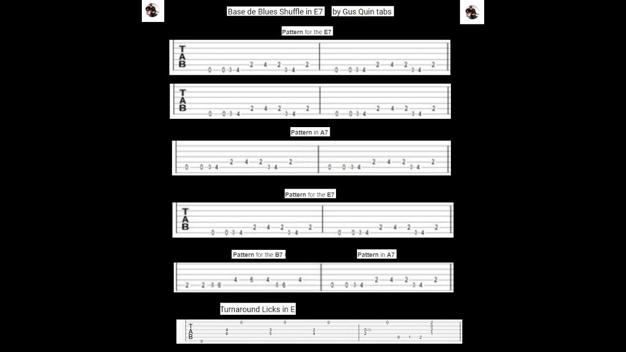 Blues Shuffle in E7 - Guitar patterns By Gus Quin Tabs - YouTube