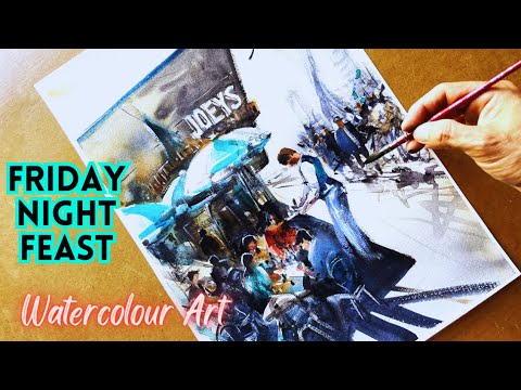 Friday Night Feast - The Joey's Café | Watercolor Interior Painting ...