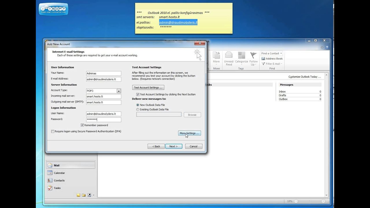 Outlook 2010 el. pašto konfigūravimas - YouTube