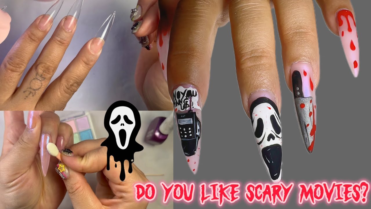 Scream Halloween pink ghostface nails tutorial - YouTube