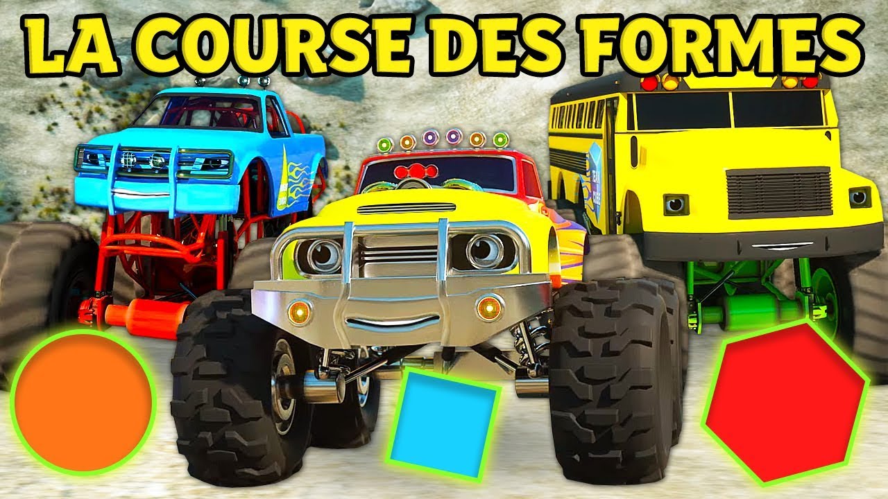 Dessin animé pour enfants. Trois courses des voitures Monster Truck ...
