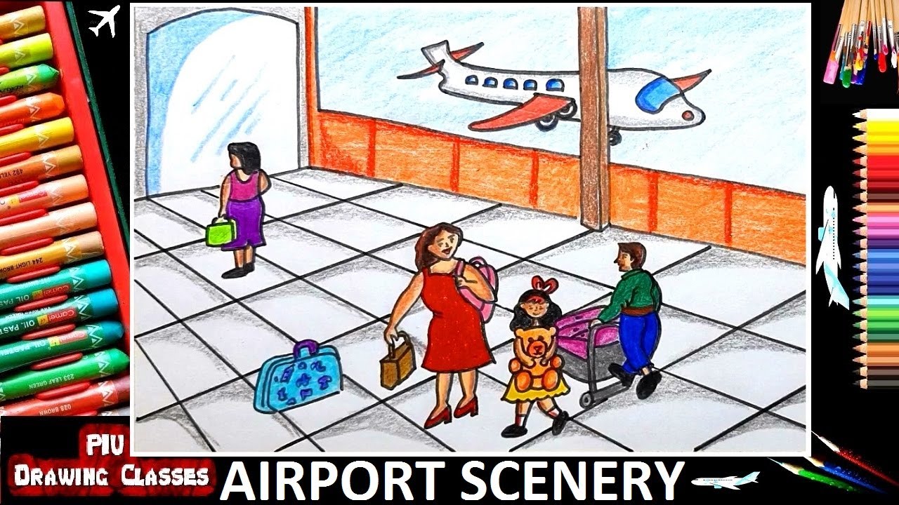 Airport Scenery Drawing For Beginners |हवाई अड्डा चित्र| Memory Drawing ...