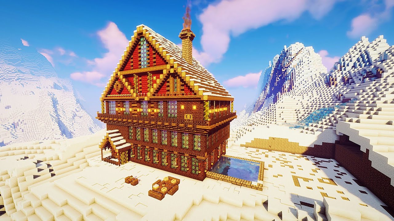 Minecraft | How to build a Ski Chalet with a pool! - YouTube