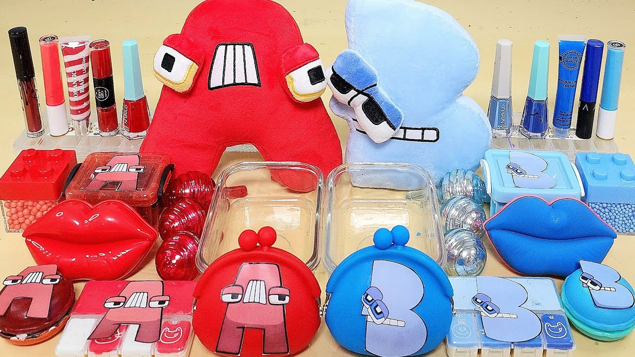 Alphabet Lore Red vs Blue Slime Mixing Makeup,Parts, Glitter Into Slime ...