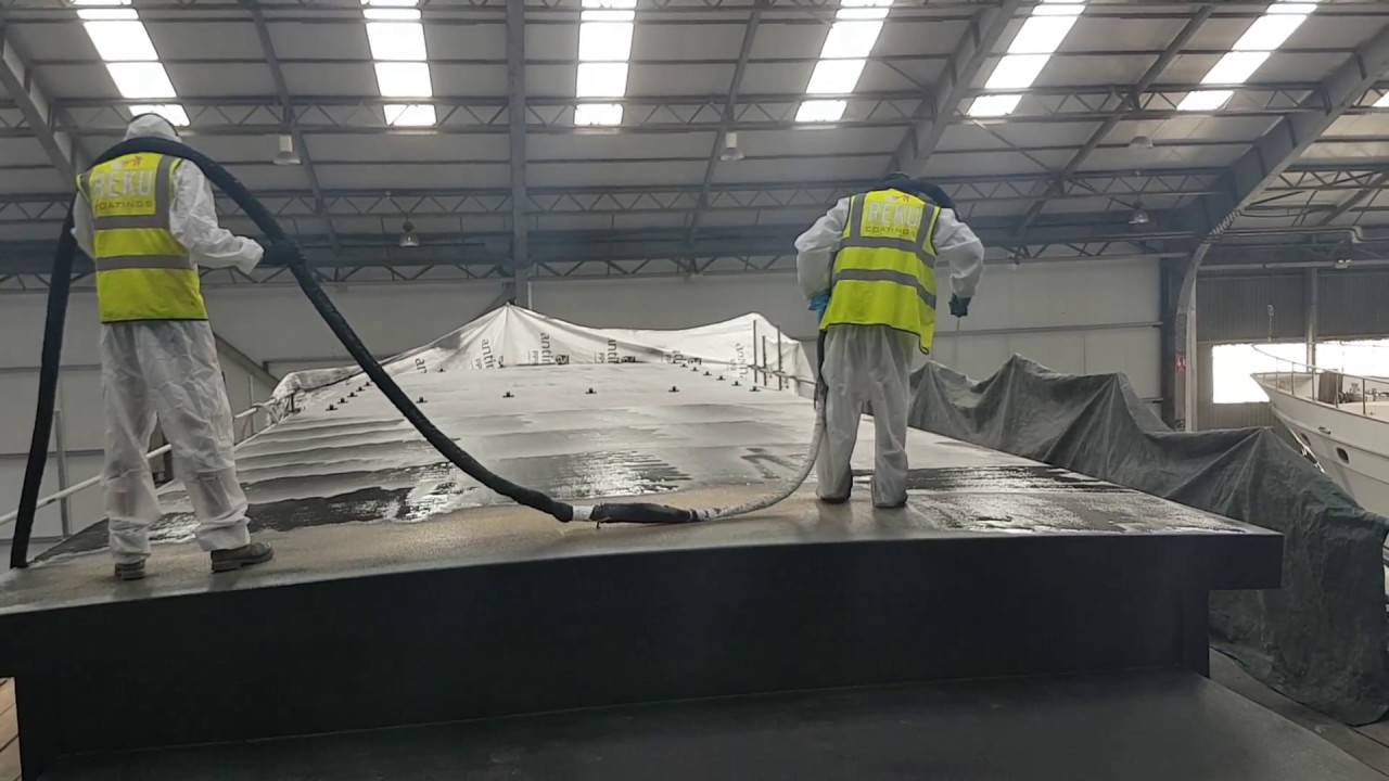 Polyurea spray applied to house boat - YouTube