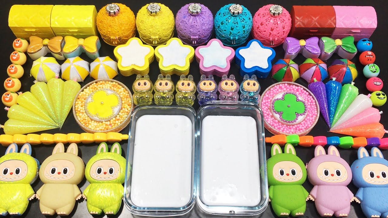 YELLOW and RAINBOW LABUBU slime !!! Mixing Random Things Into GLOSSY ...