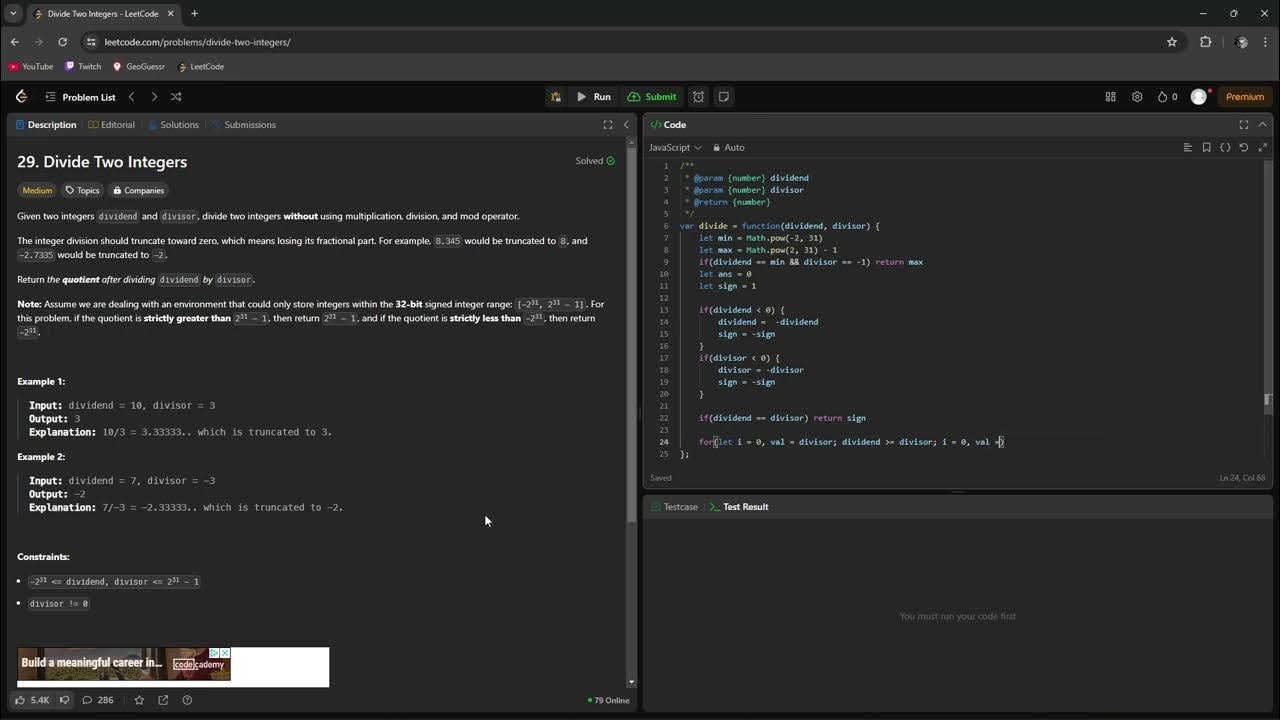 Solving Leet Code Problem #29 JS and Python3 - YouTube