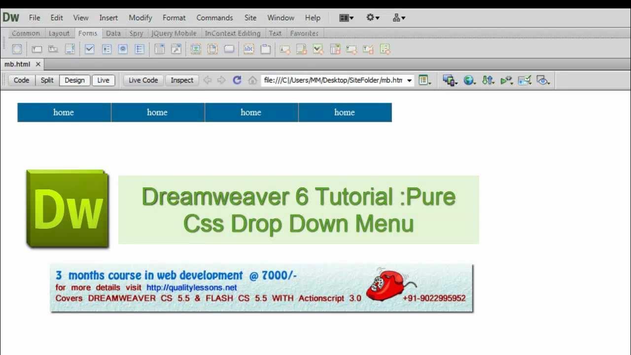 Dreamweaver Cs 6 Tutorial : Pure Css Drop down Menu - YouTube