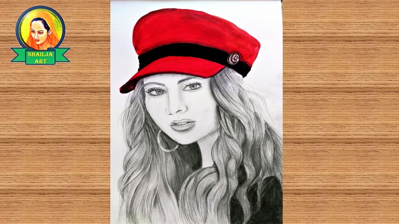 How to draw a Girl With Red Cap Pencil Sketch | How to draw lady with a ...