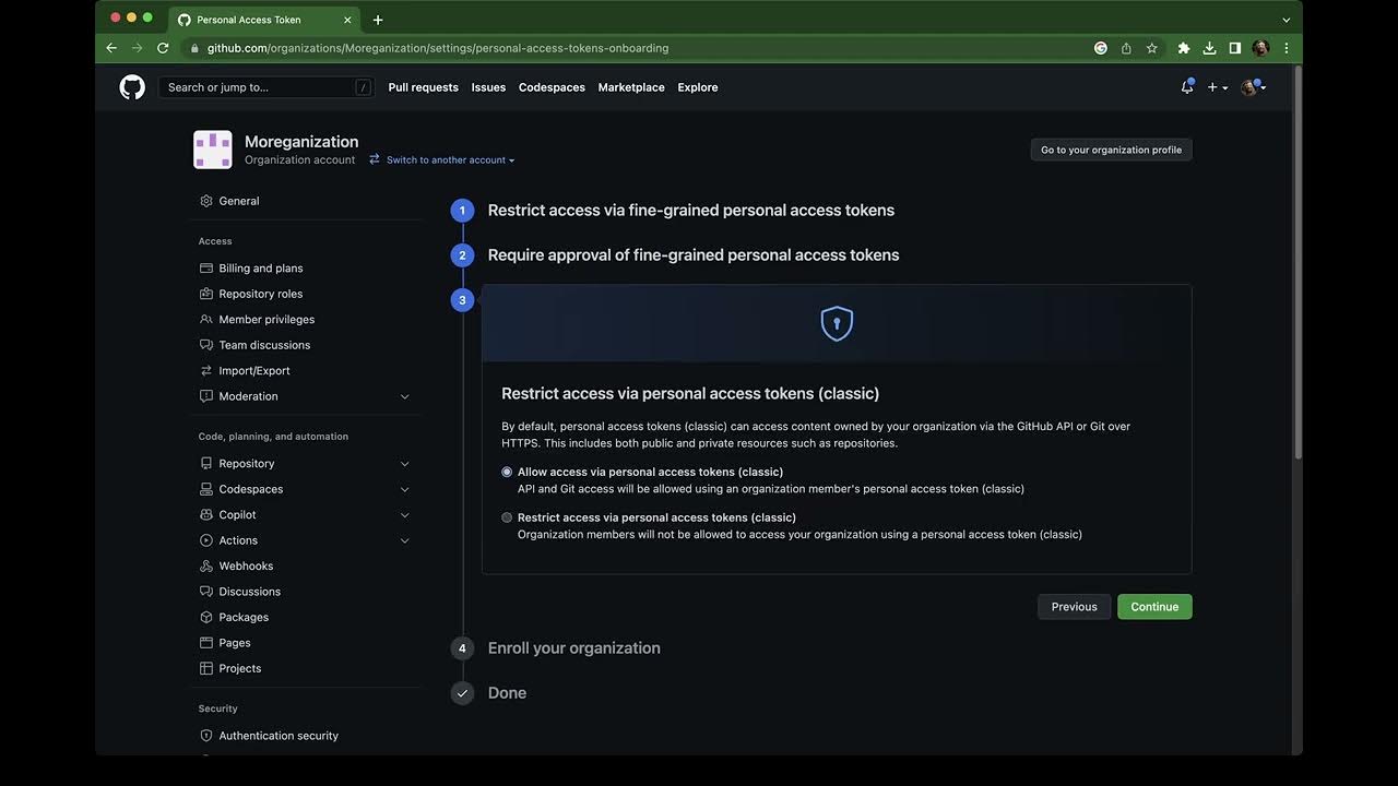 How to setup organization permissions to allow github classic personal access tokens - YouTube