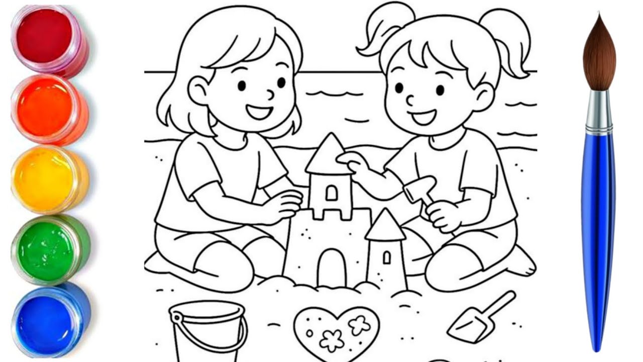 How to draw easy cute two girls playing at beach | easy drawing step by ...