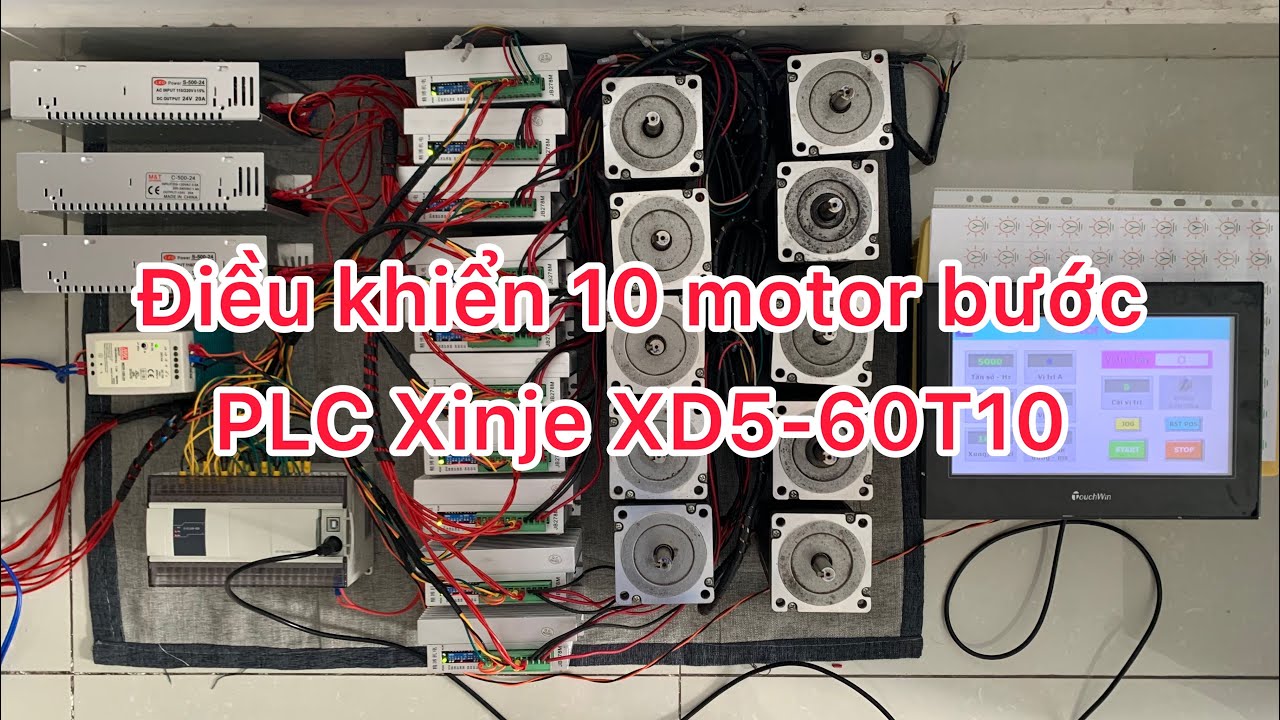 Điều khiển 10 motor bước dùng PLC Xinje XD5-60T10 và HMI Touchwin TGA63 ...
