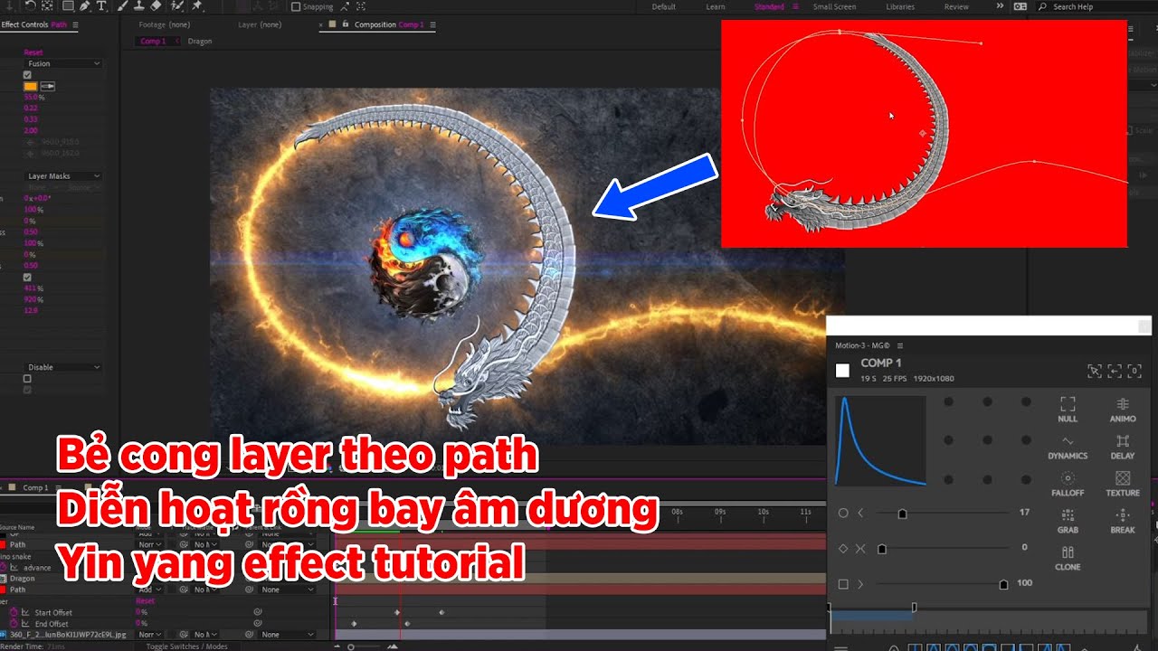 Hướng dẫn uốn cong layer theo path với Omino Snake để làm rồng bay - Yin yang effect tutorial ...