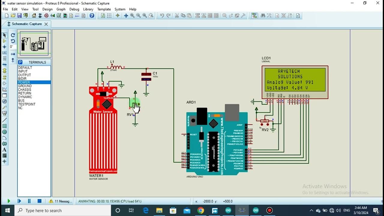 water sensor simulation in Proteus // water sensor projects // water sensor with Arduino and lcd ...