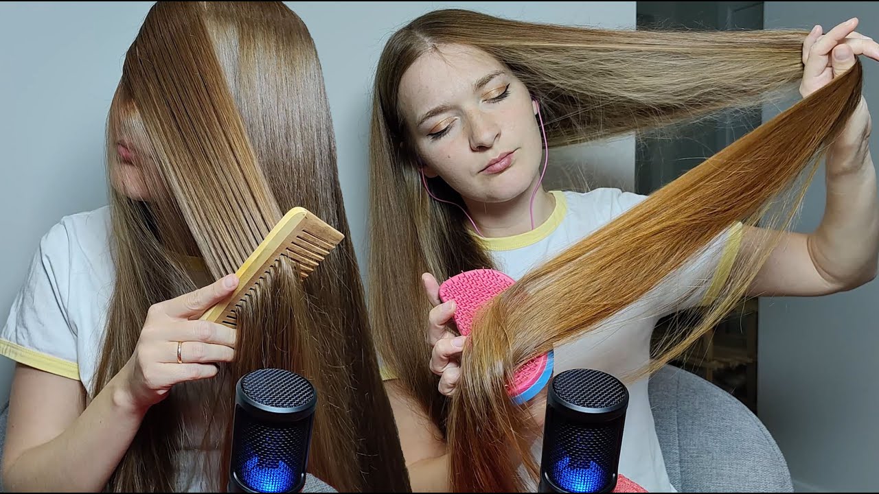 ASMR Brushing hair Slow combing of shiny hair + hair over the face ...