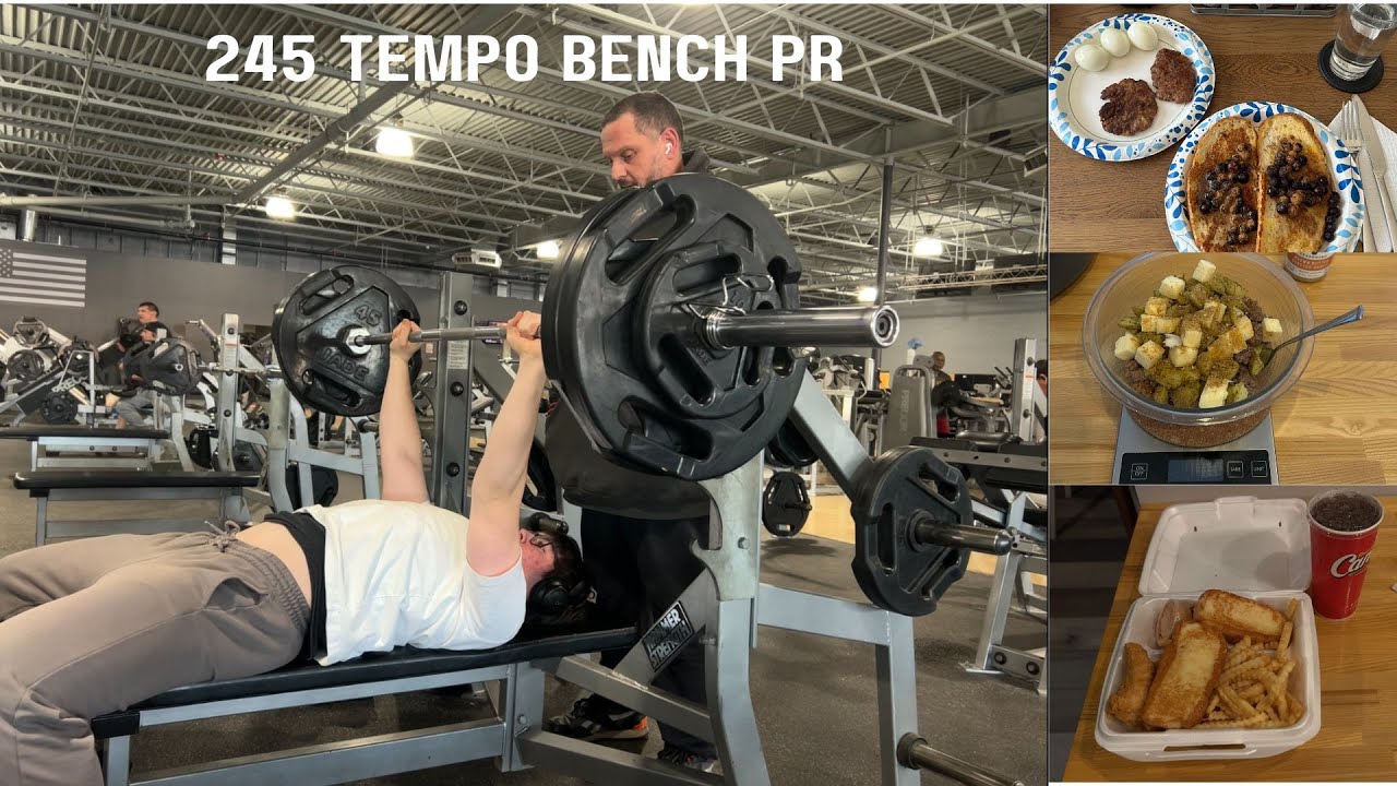 245 Tempo Bench PR and Full Day of Eating | 5 Weeks Out - YouTube