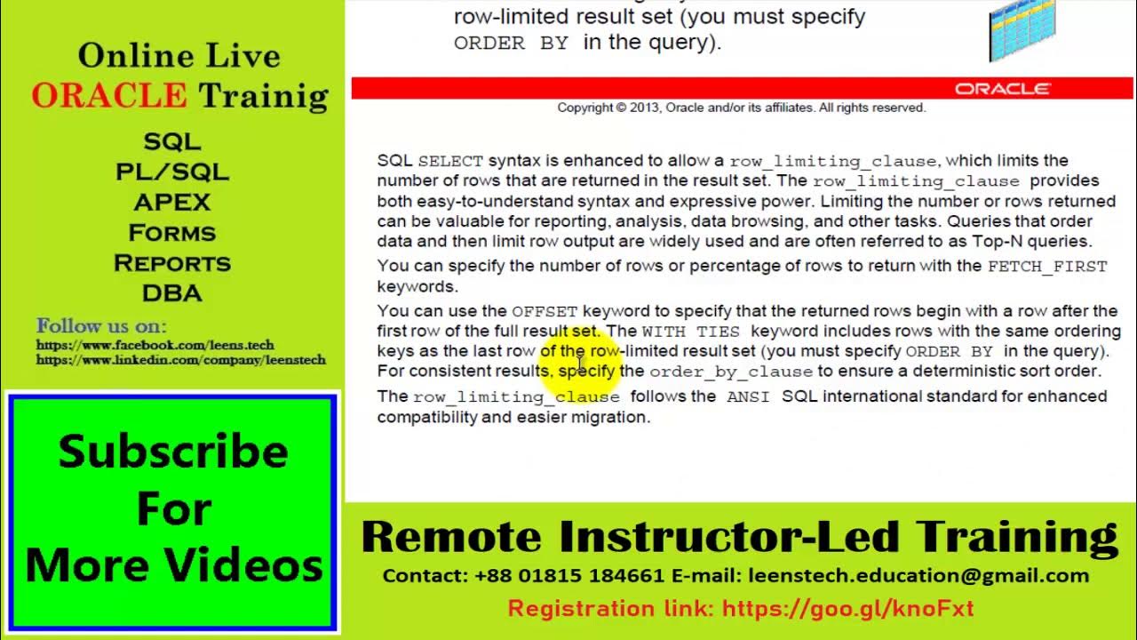 Oracle 12c SQL Workshop: SL#22 SQL Row limiting clause in a query - YouTube