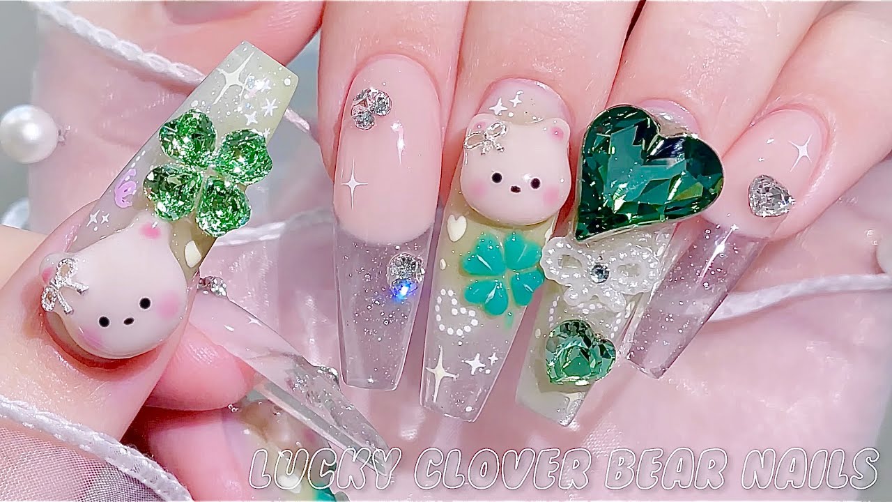 행운 가득 클로버 곰돌이 엠보네일🐻🍀 엠보젤로 곰돌이 만들기🙋🏻♀️ 하프팁연장 연장네일 네일아트 셀프네일