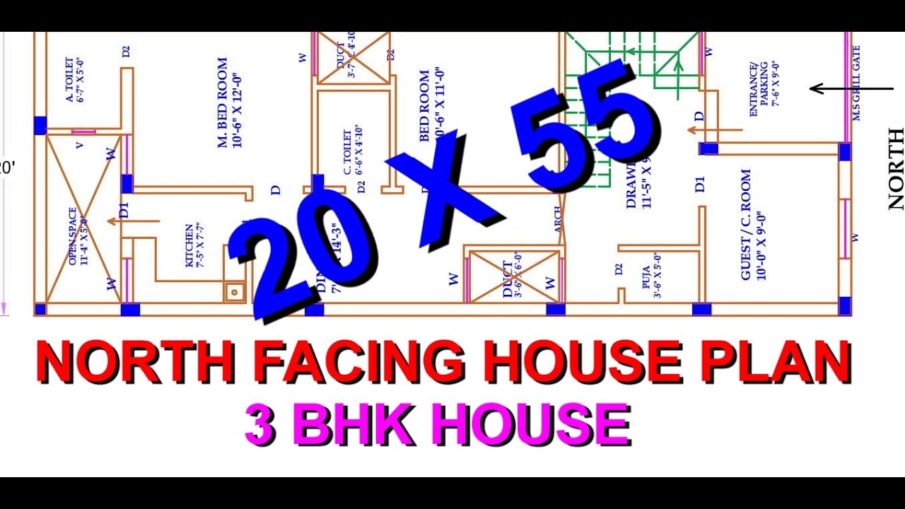 20 x 55 North Facing 3BHK House Plan ....!!!!!!!! - YouTube
