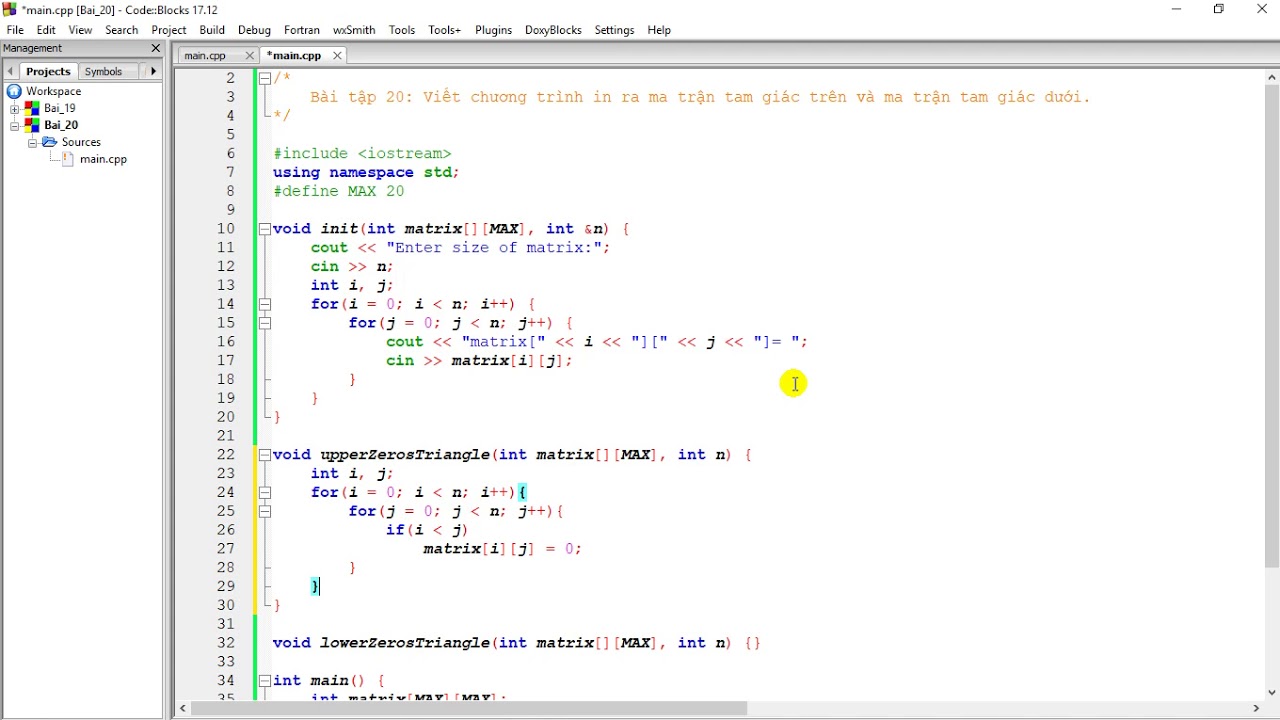 Bài 20: in ra ma trận tam giác trên (dưới) - YouTube