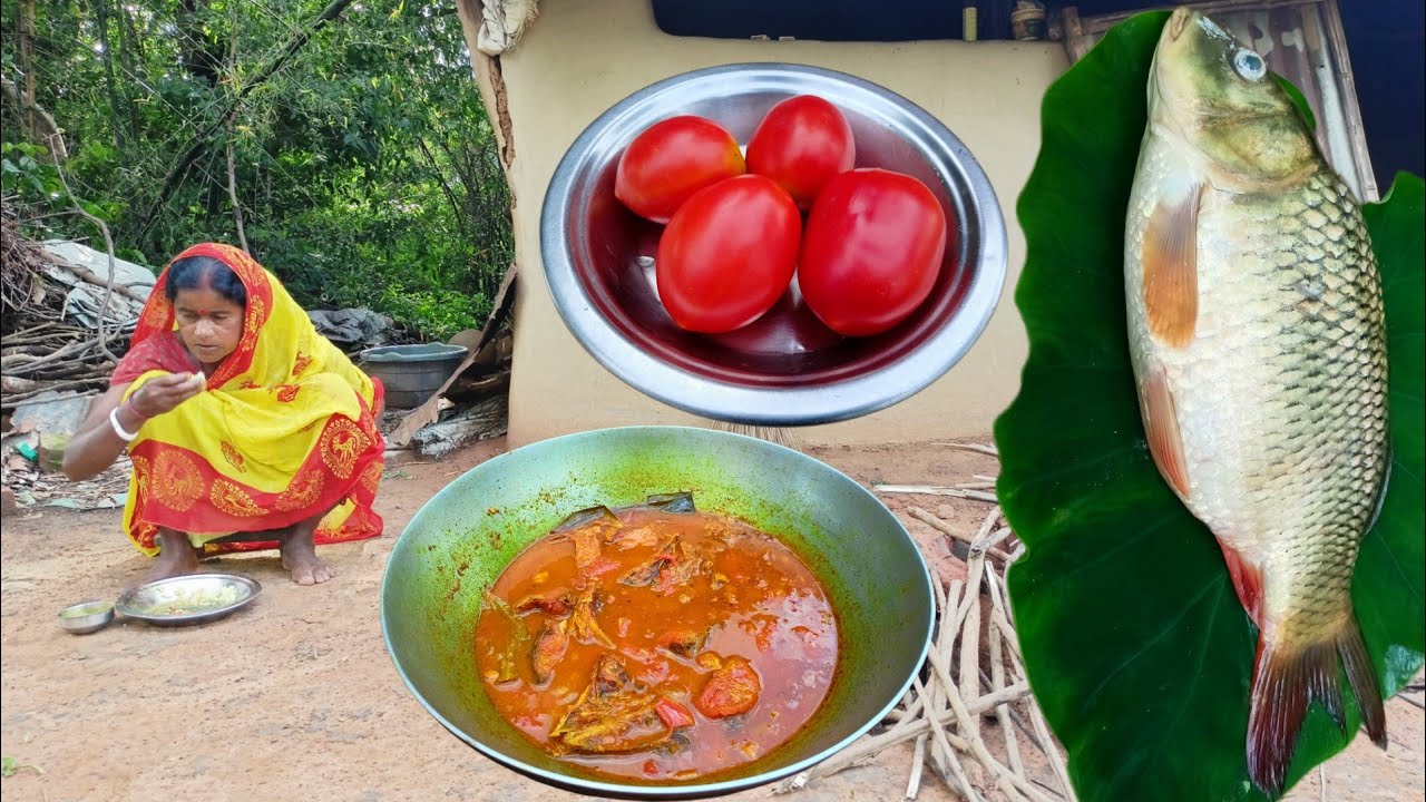 VETKI FISH curry with TOMATO cooking & eating by village mother ...