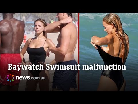 Brooks Nader battles swimsuit malfunction while filming Baywatch reboot scenes