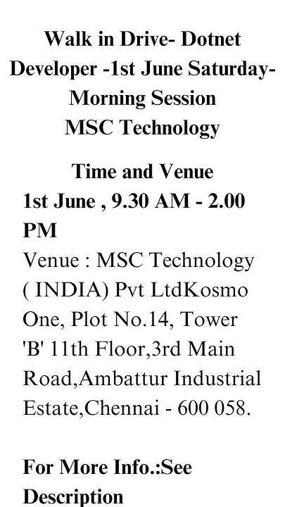Walk in Drive- Dotnet Developer -1st June Saturday- Morning Session MSC Technology - YouTube