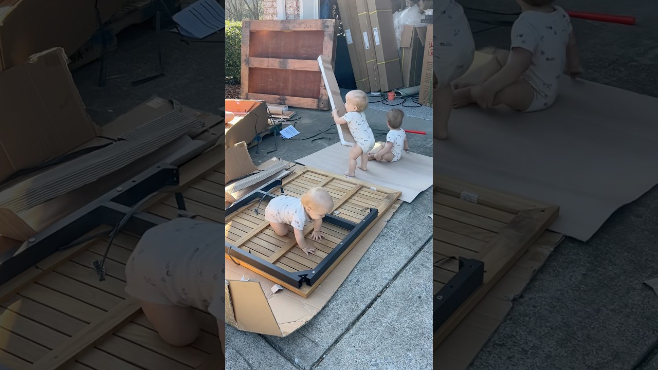 Assembling a Table with Triplets! 🤣 #dad #diy #baby #mom - YouTube