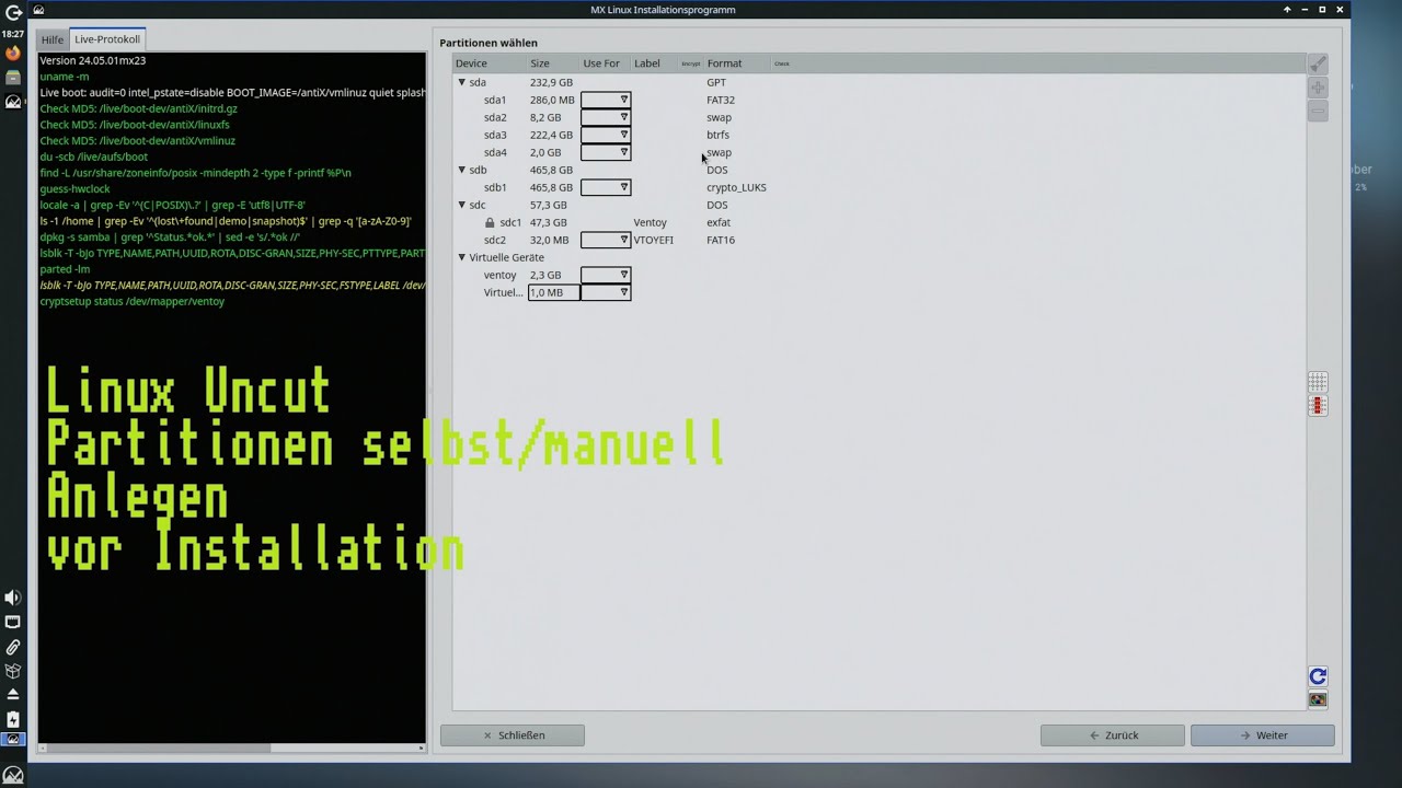Linux Uncut; selbst/manuell Partitionieren, MX-Linux AHS (advanced ...