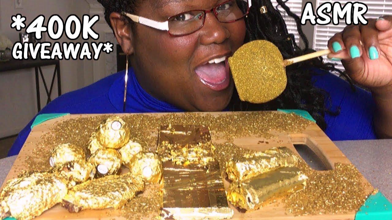 ASMR *GIVEAWAY* (closed) 24K EDIBLE GOLD FAVORITE FOOD/SNACKS EATING ...