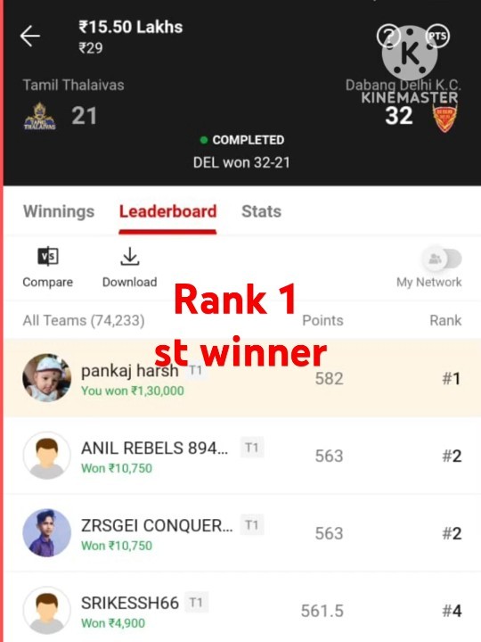rank 1 winners🏆🎉🏆 in dream 11 - YouTube