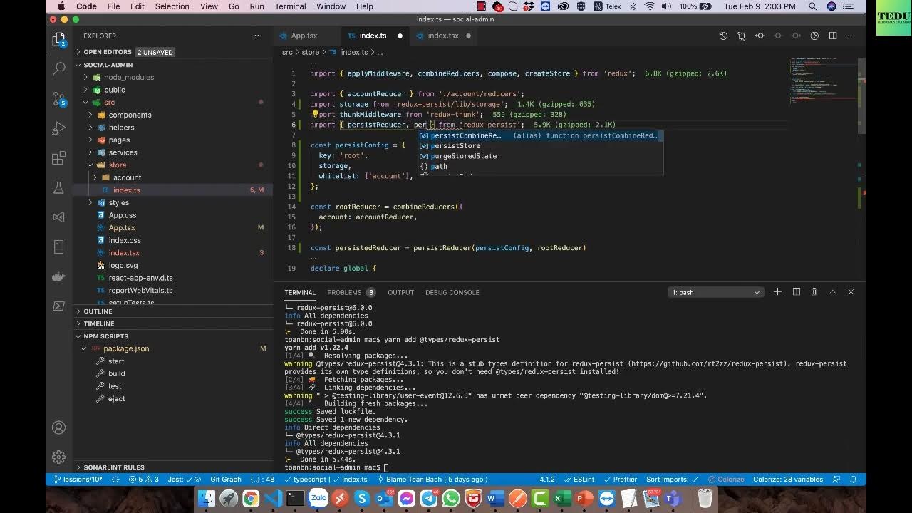 Bài 11: Persisted Store - Làm dự án với ReactJS + Redux và TypeScript | TEDU - YouTube