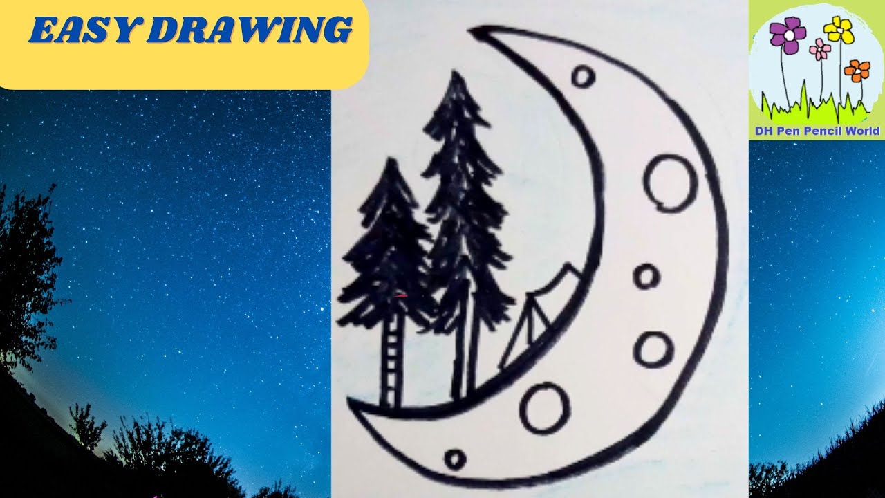 How to Draw Very Cute Crescent Moon 🌙Trees🌲on sky Easy for Kids | Easy ...
